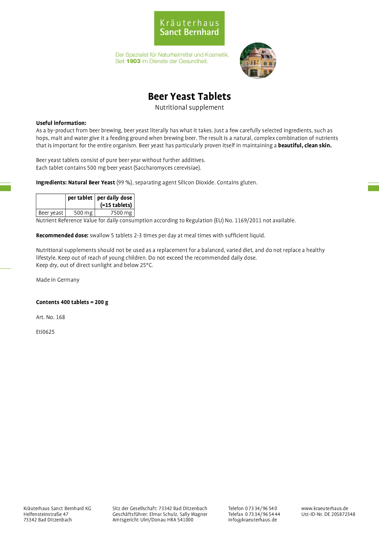 Beer Yeast Tablets » Buy securely online now | Sanct Bernhard