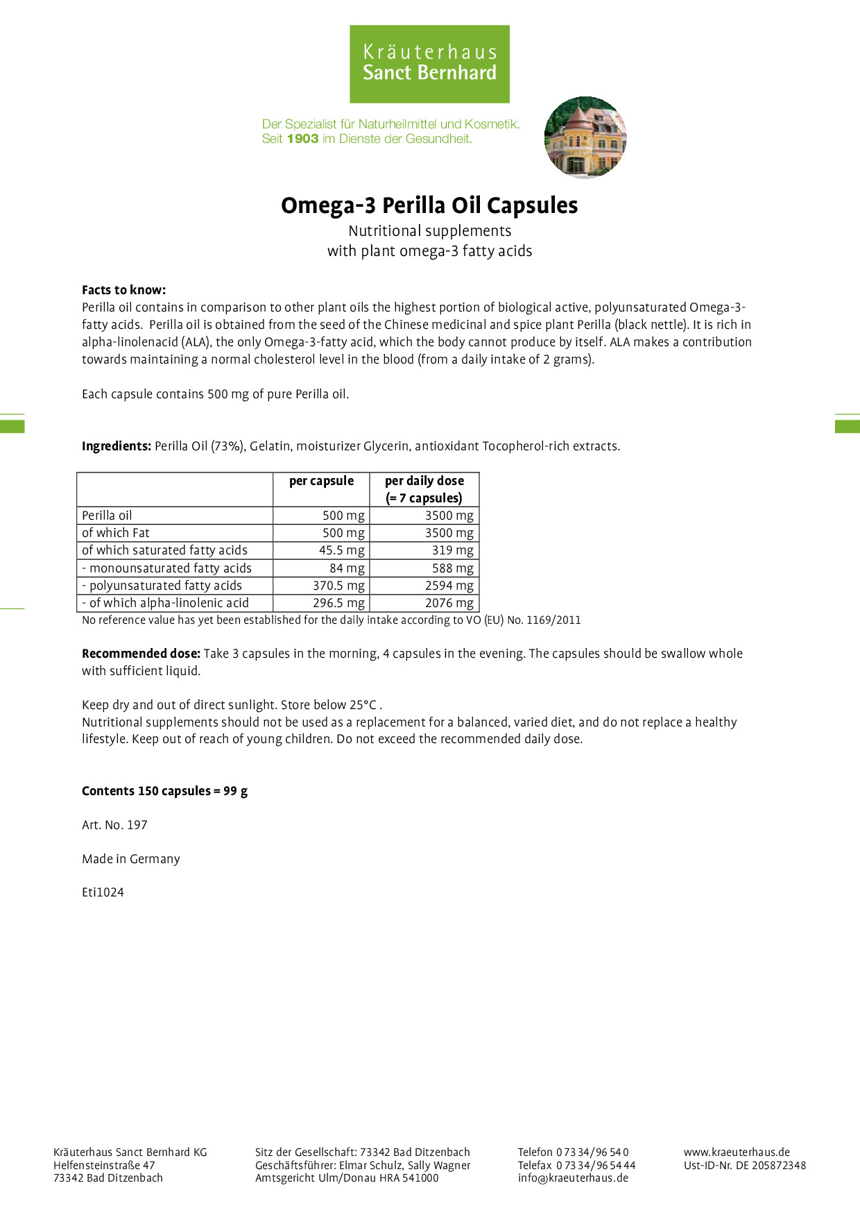 Product ratings about Omega-3 Perilla Oil Capsules | Sanct Bernhard