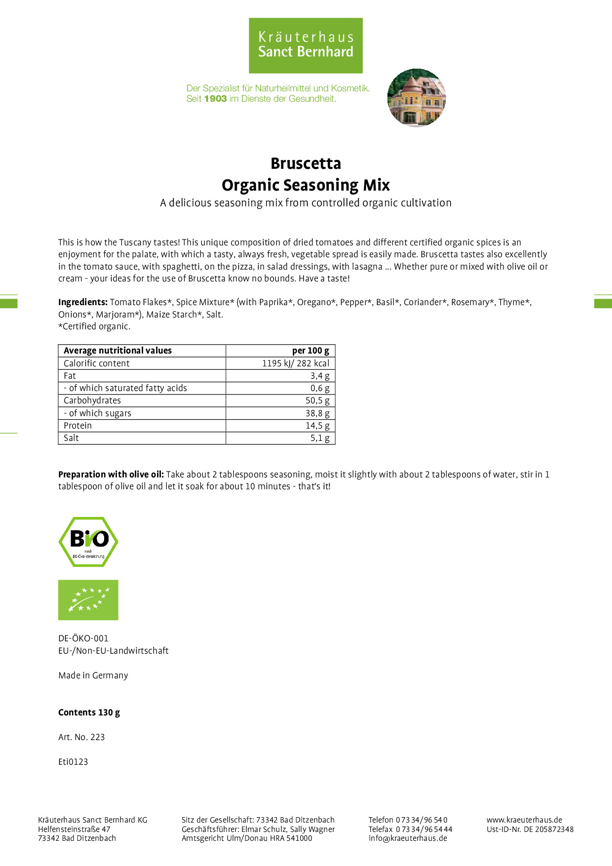 Bruscetta Organic Seasoning Mix » Buy online now | Sanct Bernhard