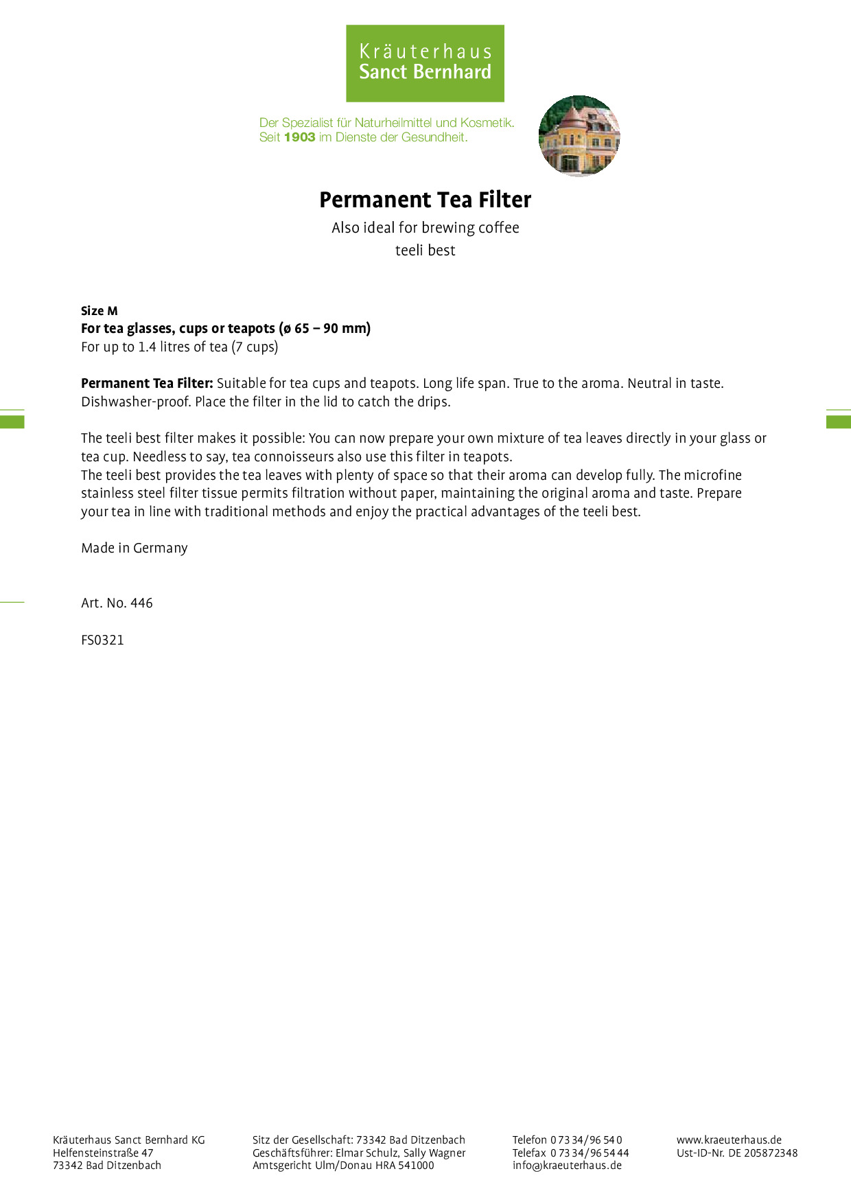 Permanent Tea Filter » Buy securely online now | Sanct Bernhard