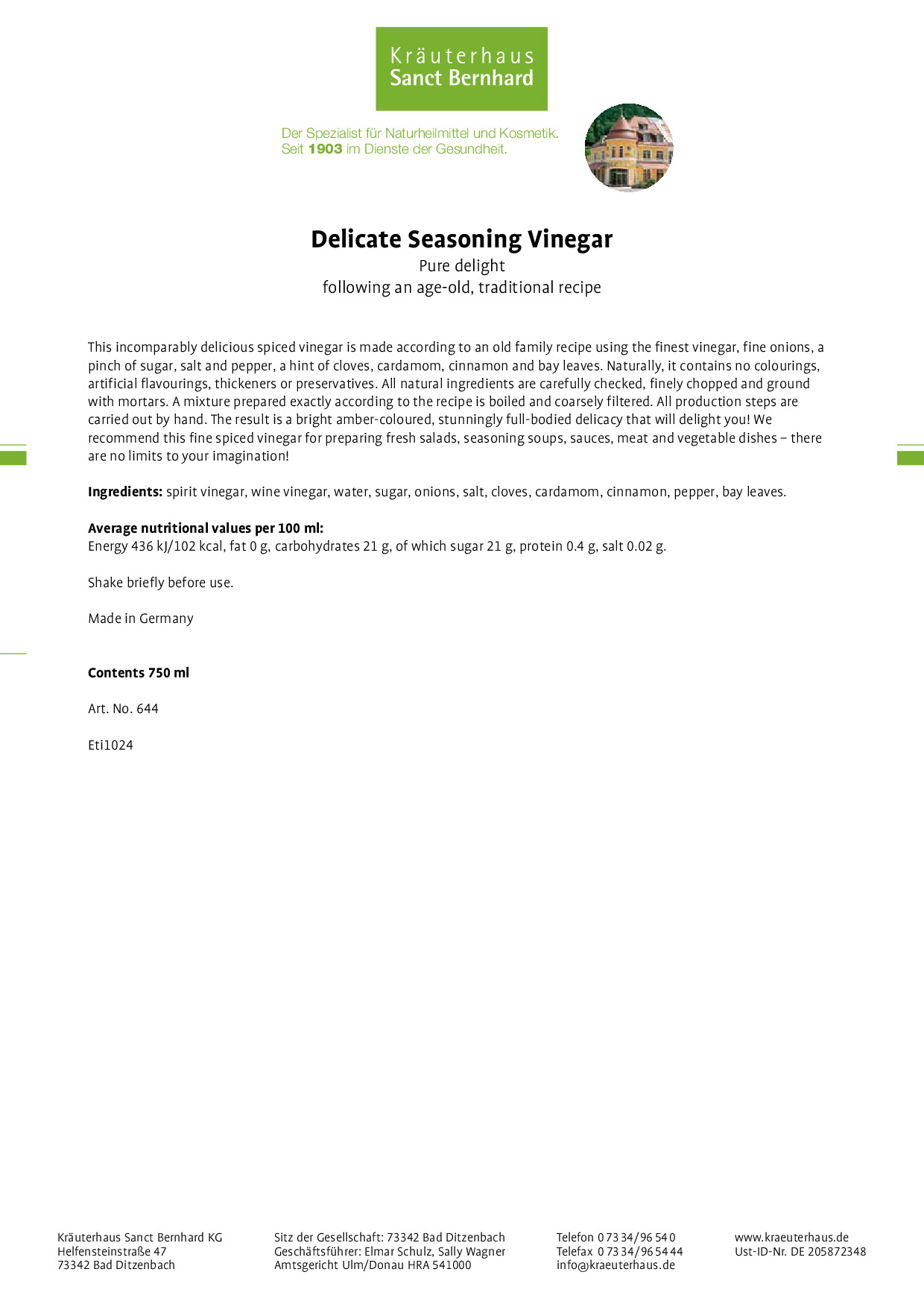 Delicate Seasoning Vinegar » Buy securely online now | Sanct Bernhard