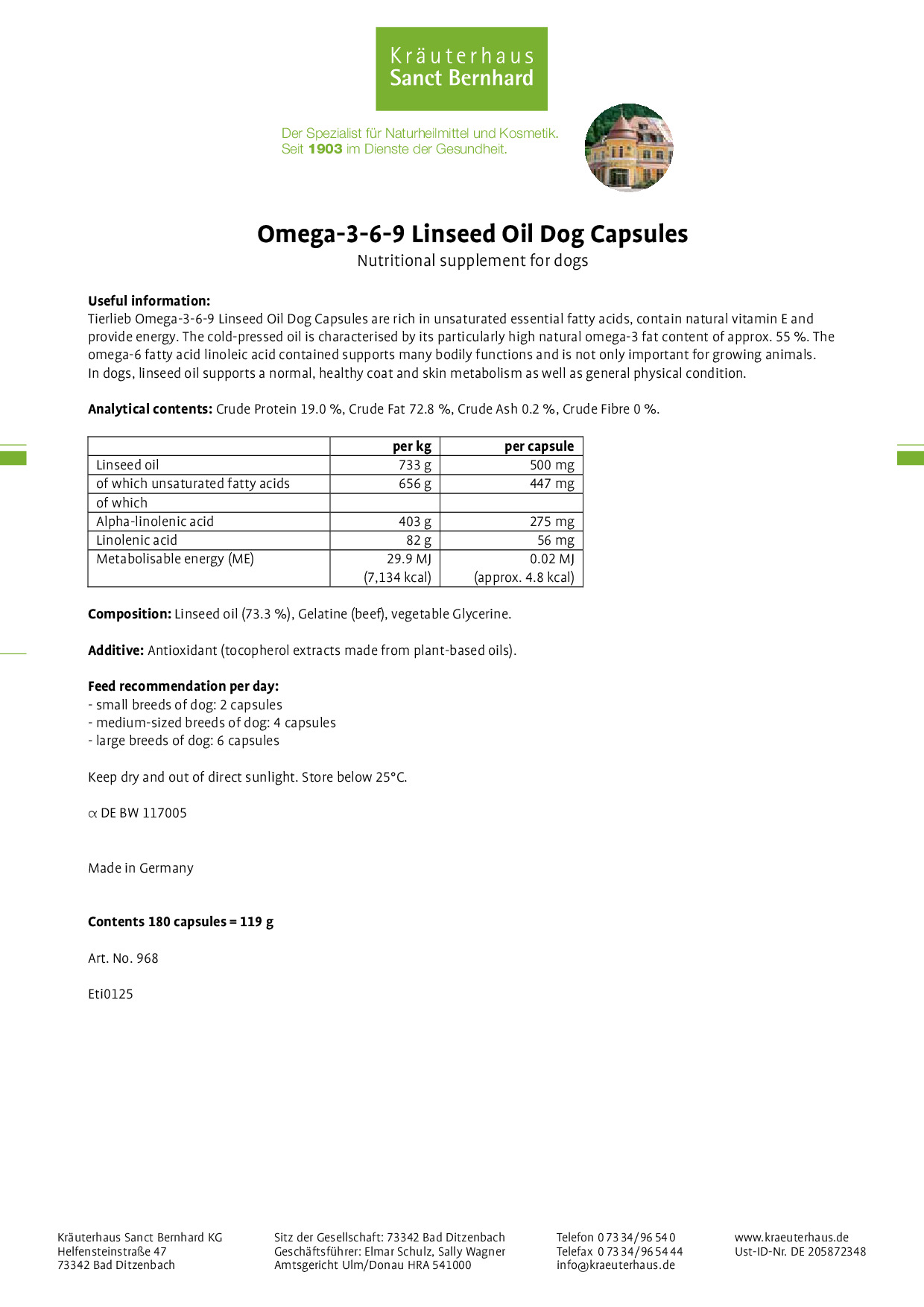 tierlieb Omega-3-6-9 Linseed Oil Dog Capsules reviews | Sanct Bernhard