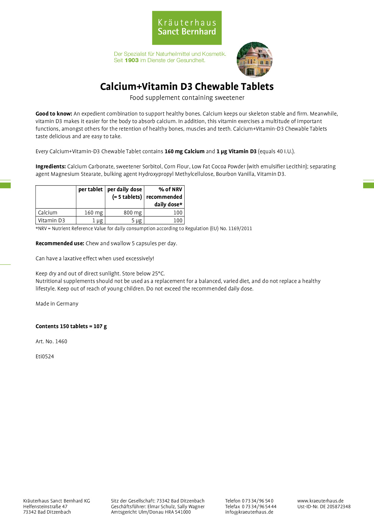 Calcium+Vitamin D3 Chewable Tablets » Buy online now | Sanct Bernhard
