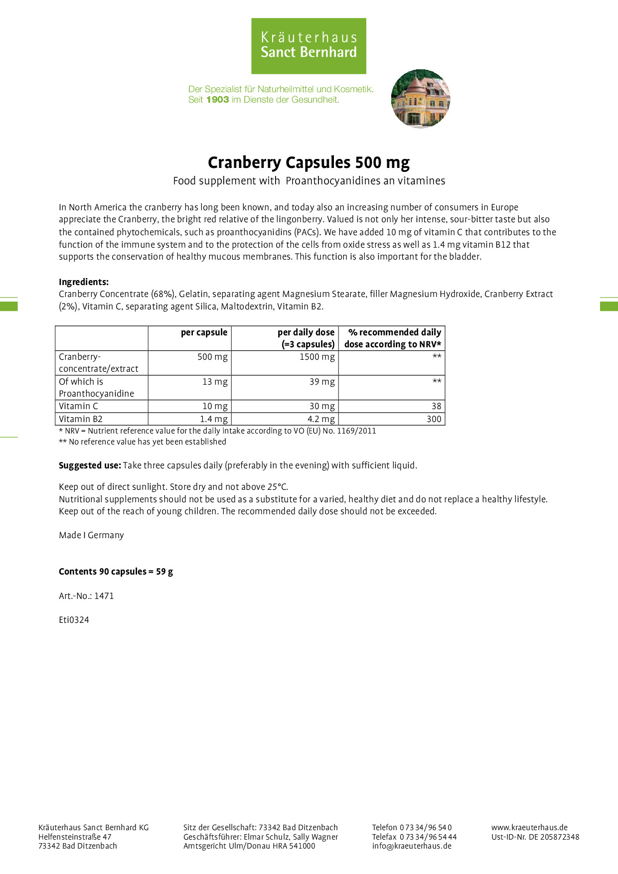 Cranberry Capsules 500 mg » Buy securely online now | Sanct Bernhard