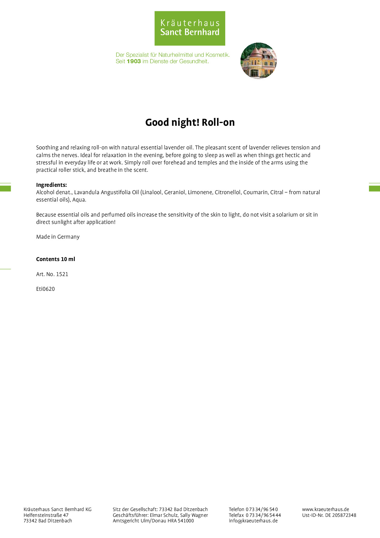 Good Night! Roll-on Stick » Buy securely online now | Sanct Bernhard