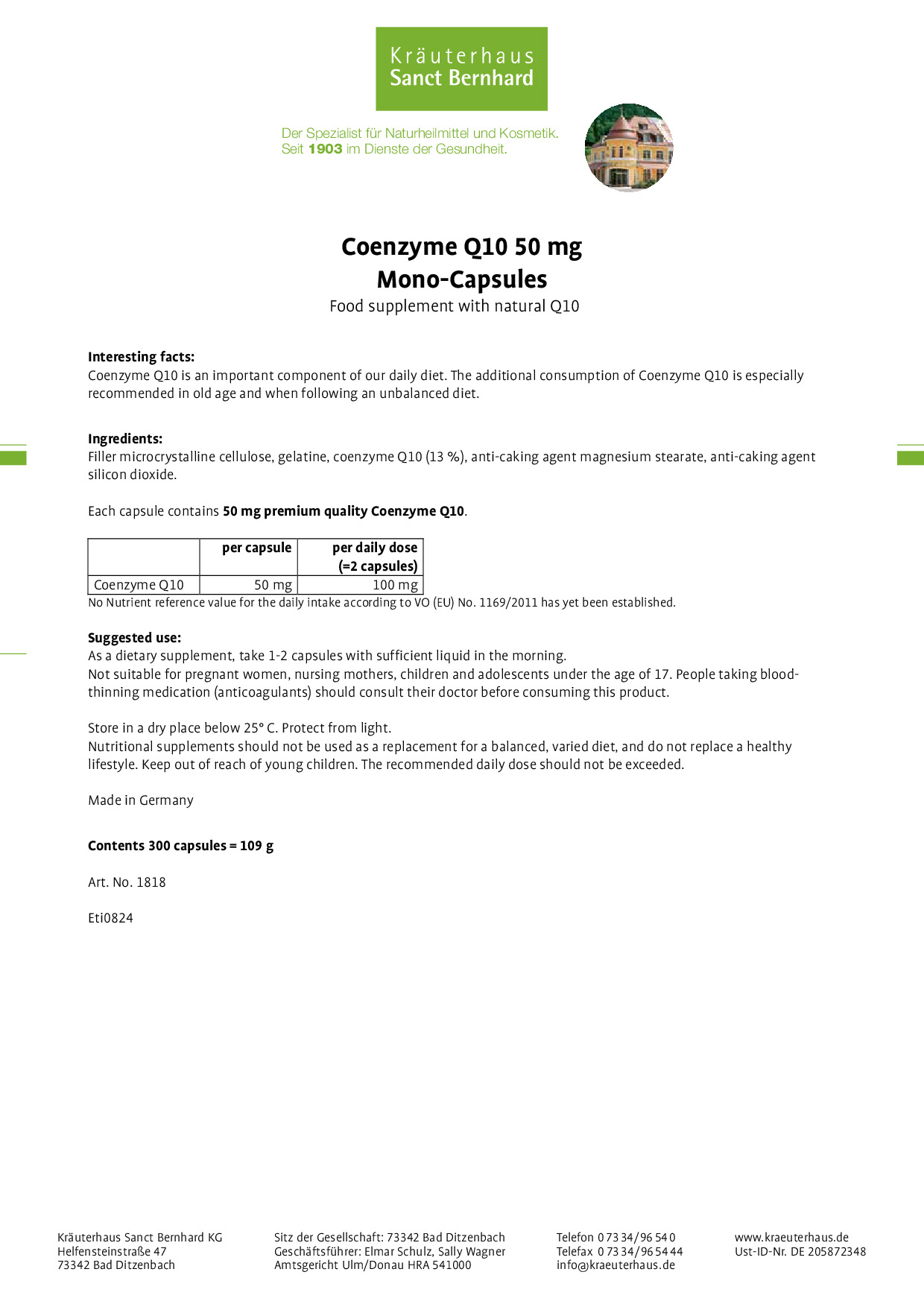 Coenzyme Q10 50 mg Mono Capsules » Buy online now | Sanct Bernhard