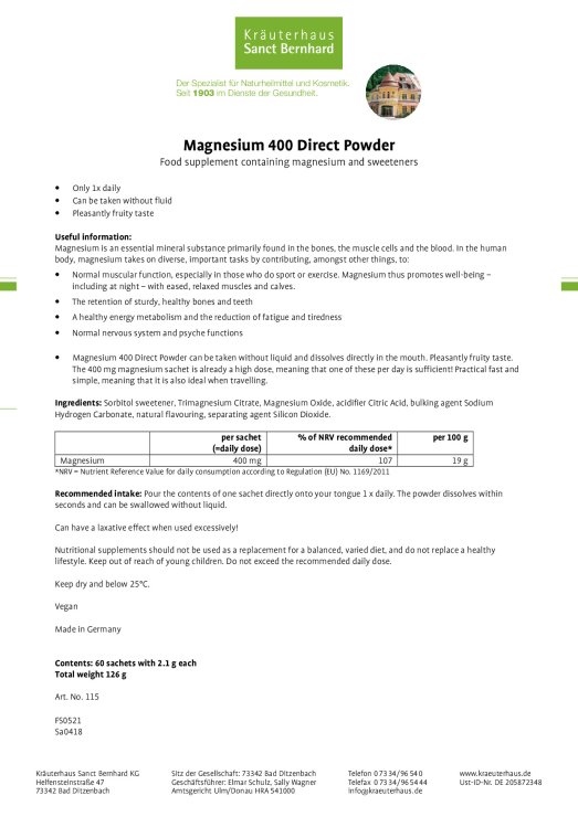 Magnesium 400 Direct Powder » Buy securely online now | Sanct Bernhard